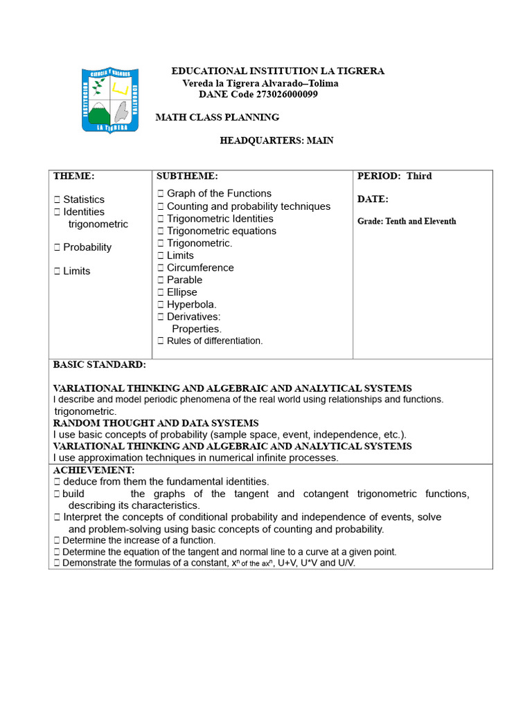 Mathematics Lesson Plan Grade Ten and Eleven Fourth Period | PDF ...