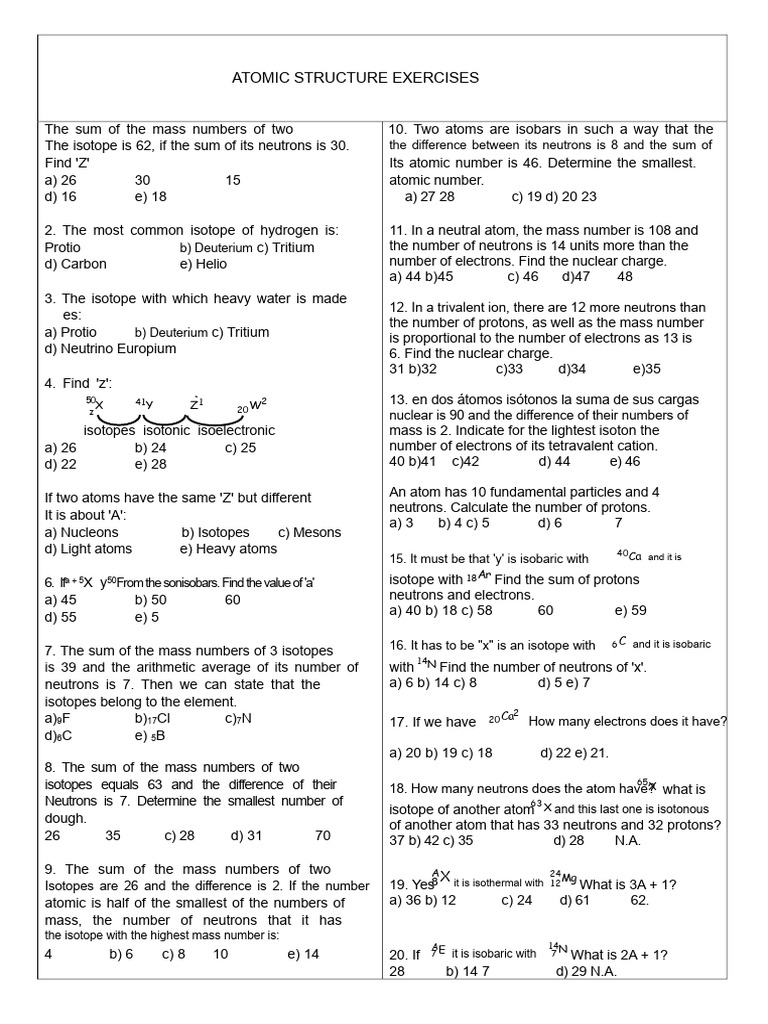 Atomic Structure Exercises | PDF | Isotope | Atoms