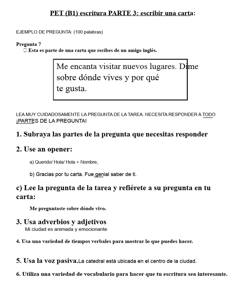 PET Escribiendo Una Carta B1 Mi Ciudad | PDF