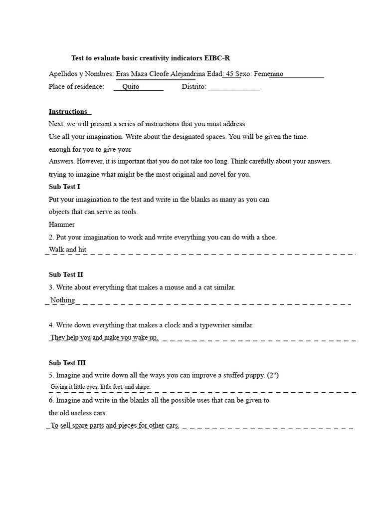 Test To Evaluate Basic Creativity Indicators EIBC - Mami Final | PDF