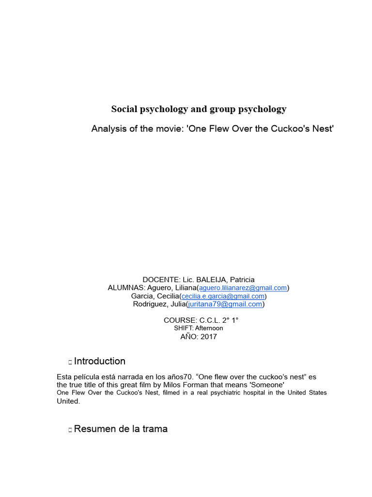 Analysis of The Movie "One Flew Over The Cuckoo's Nest" | PDF