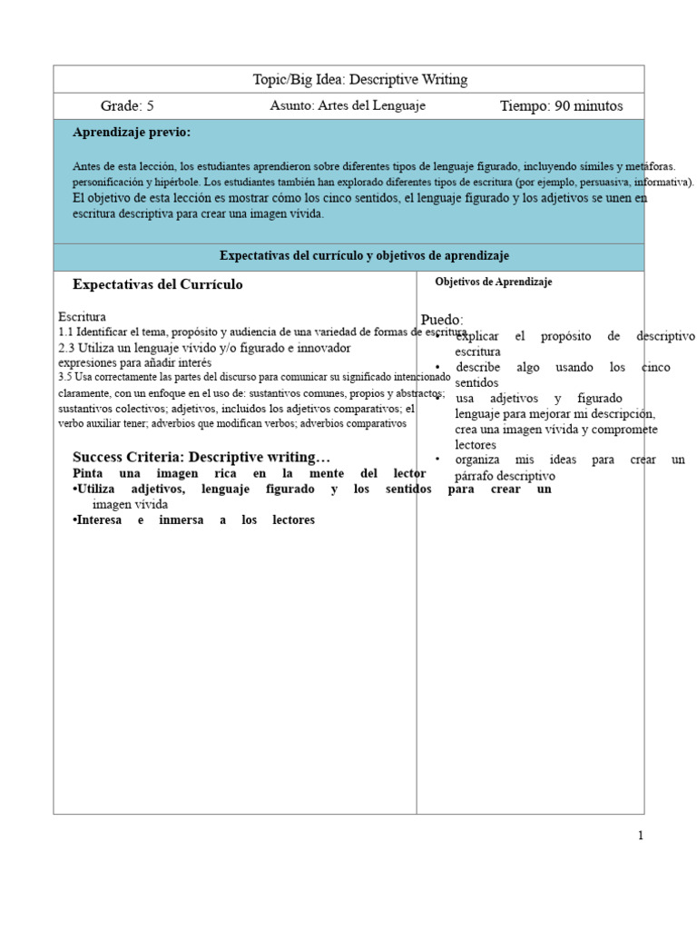 Escritura Descriptiva para 5º Grado | PDF | Aprendizaje | Escritura
