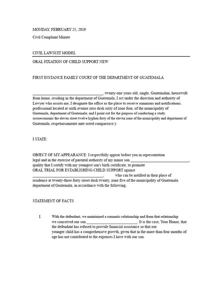 Model of Civil Complaint | PDF | Child Support | Complaint