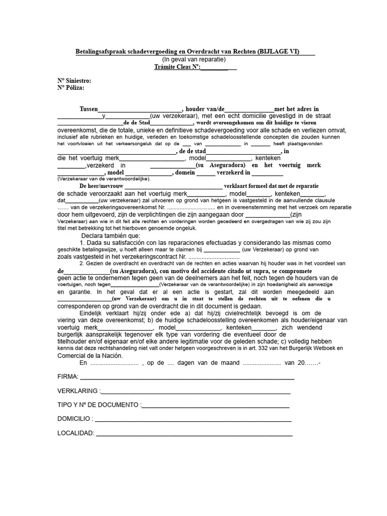 Schikkingsovereenkomst Bij Schadevergoeding Bijlage VI (Formblanco) | PDF