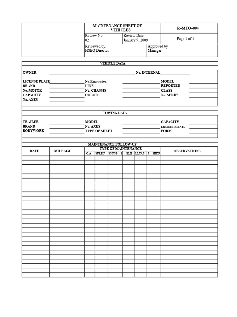 R-Mto-004 Vehicle Maintenance Sheet | PDF