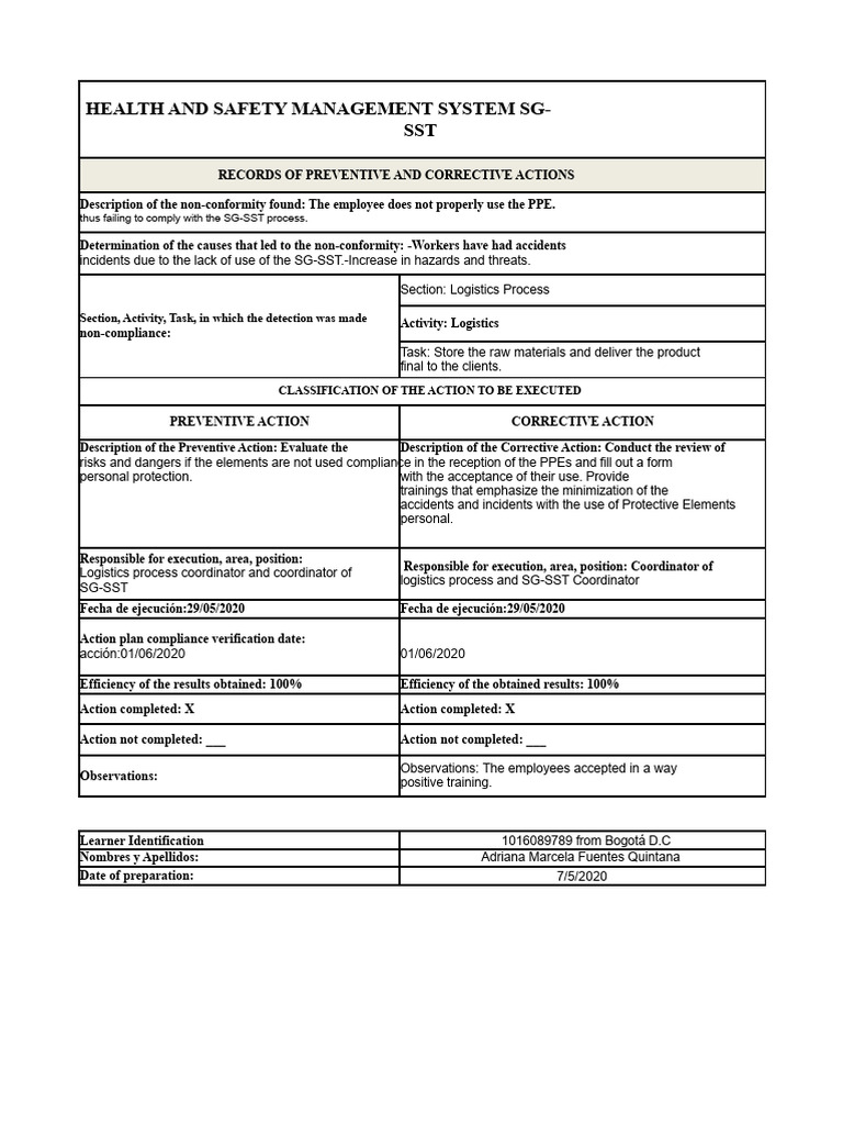 Written Proposal For Preventive and Corrective Actions For Detected Non ...