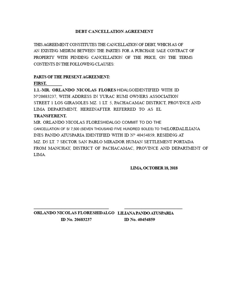 Debt Cancellation Agreement | PDF