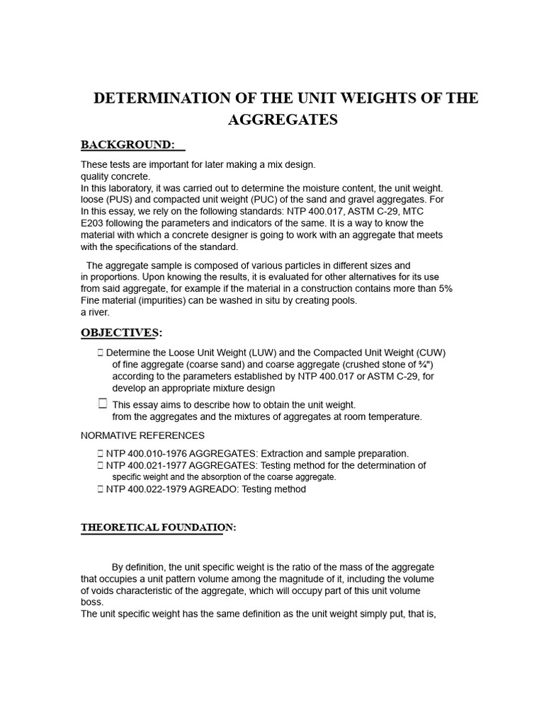 Unit Weights of Sand and Gravel Aggregates | PDF | Construction ...