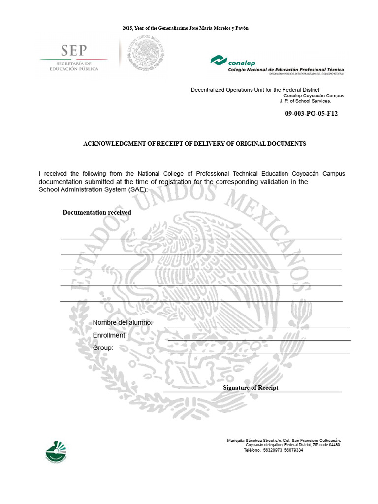 Acknowledgment of Receipt of Delivery of Original Documents PDF | PDF