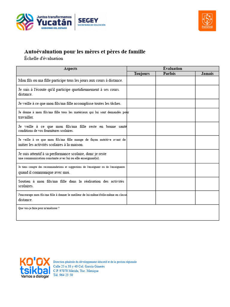 Autoévaluation des parents pour l'école à distance | PDF