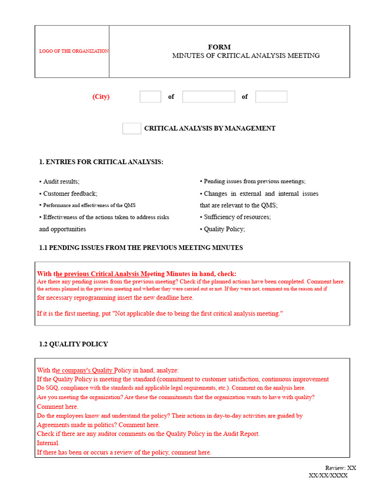 Critical Analysis Meeting Minutes | PDF | Audit | Quality Management System