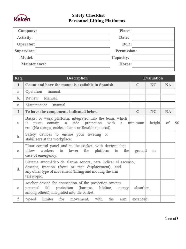 Personnel Lifting Platform Safety Checklist | PDF | Vehicles