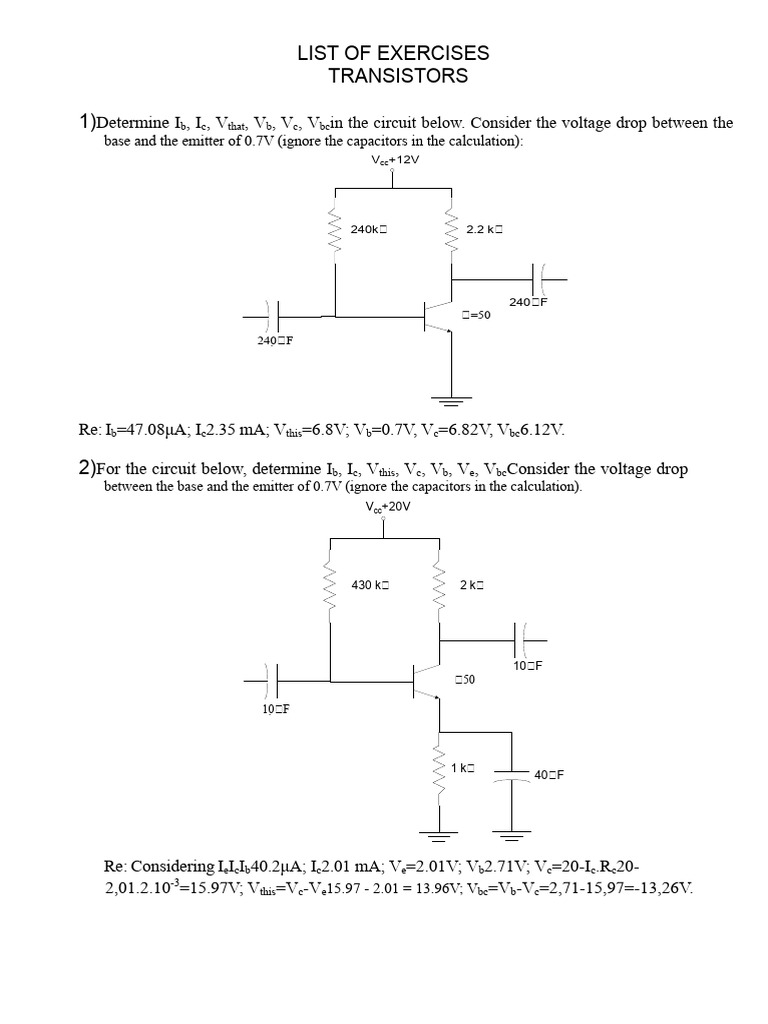 Transistor Circuit Analysis Exercises | PDF | Transistor | Bipolar ...