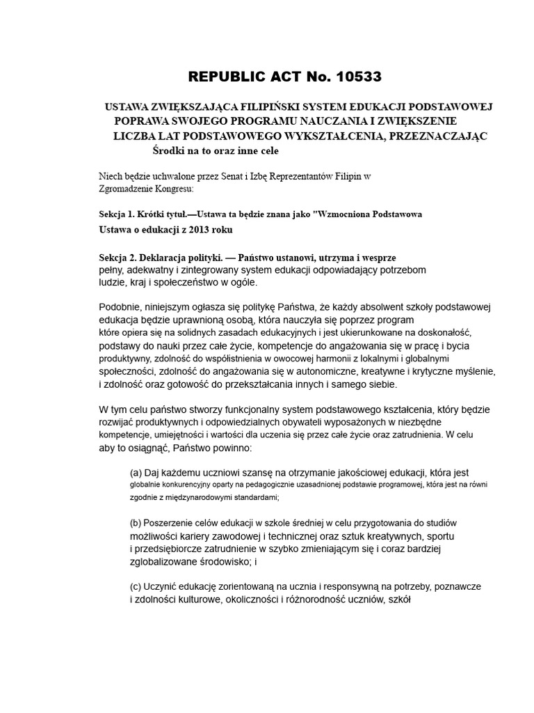 REPUBLIC ACT NR 10533 | PDF