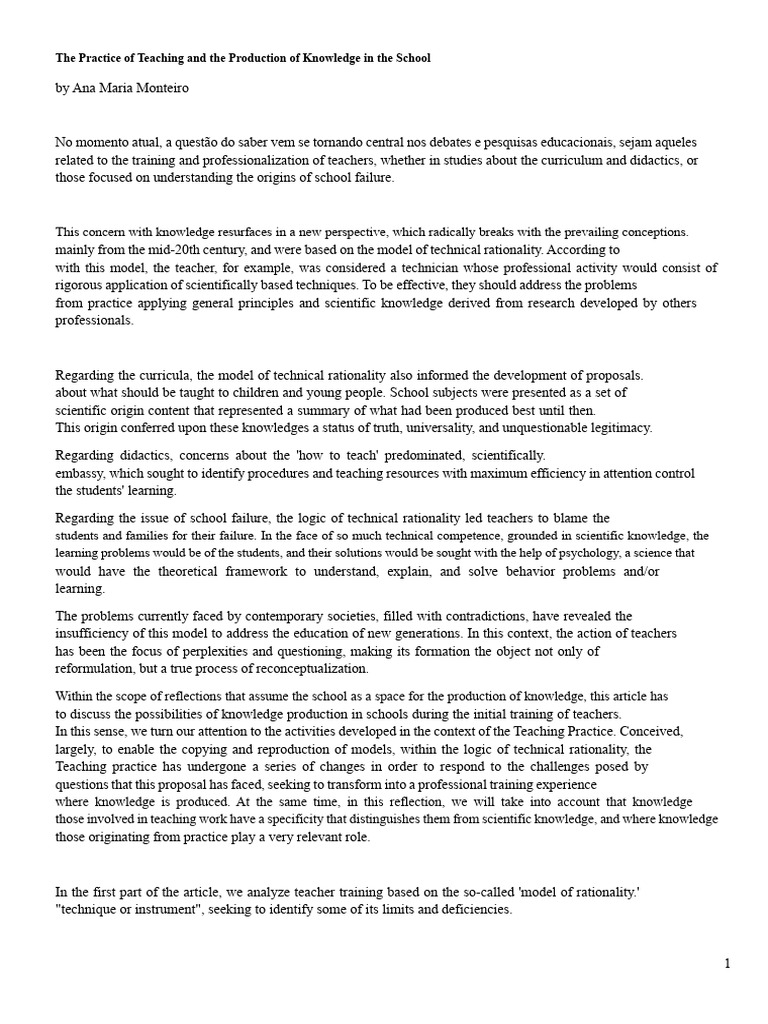 The Practice of Teaching and The Production of Knowledge in School ...