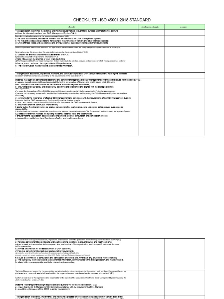 Check List - Iso - 45001 - 2018 | PDF | Occupational Safety And Health ...