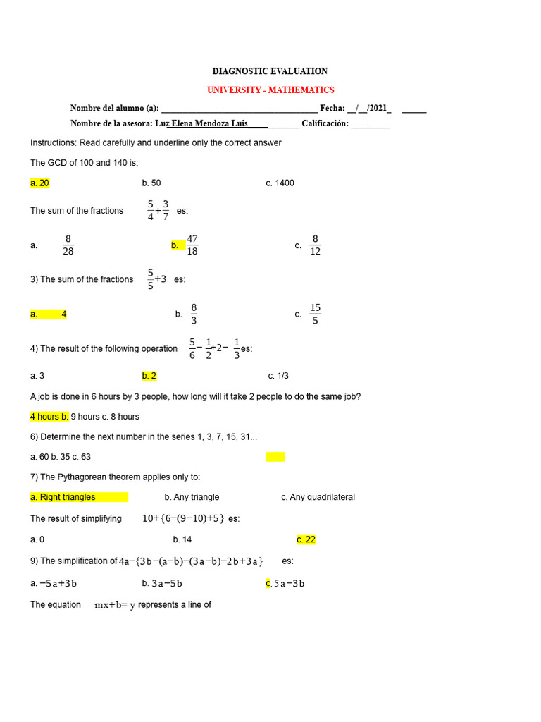 Mathematics Diagnostic Evaluation Test | PDF | Mathematics
