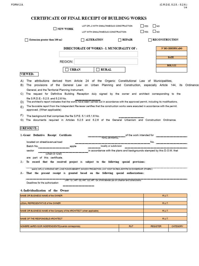 Certificate of Final Receipt in Building Works, Chile | PDF