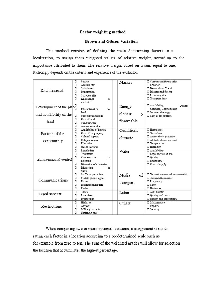 Factor Weighting Method for Location Analysis | PDF | Cost Of Living ...