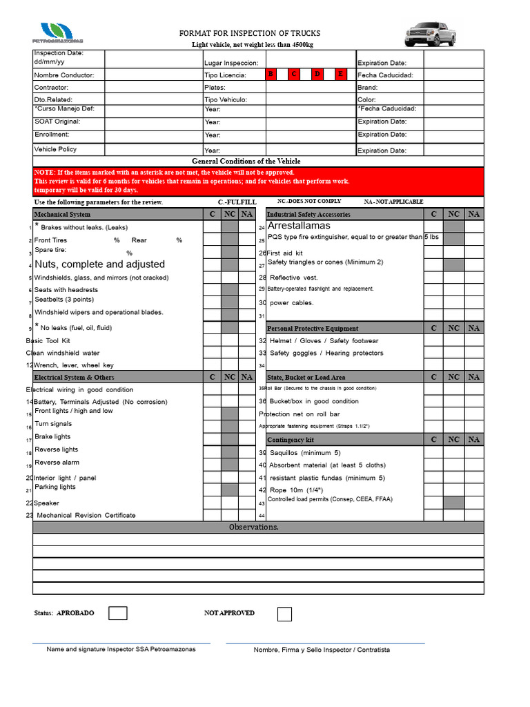 Inspection Format For Trucks | PDF | Vehicles | Automotive Technologies