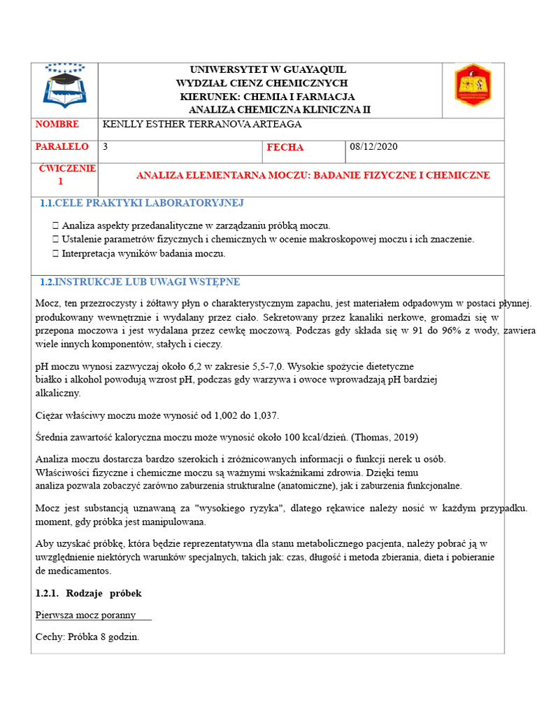 Raport # 1 - Analiza Elementarna Mocz - Badanie Fizyczne I Chemiczne | PDF