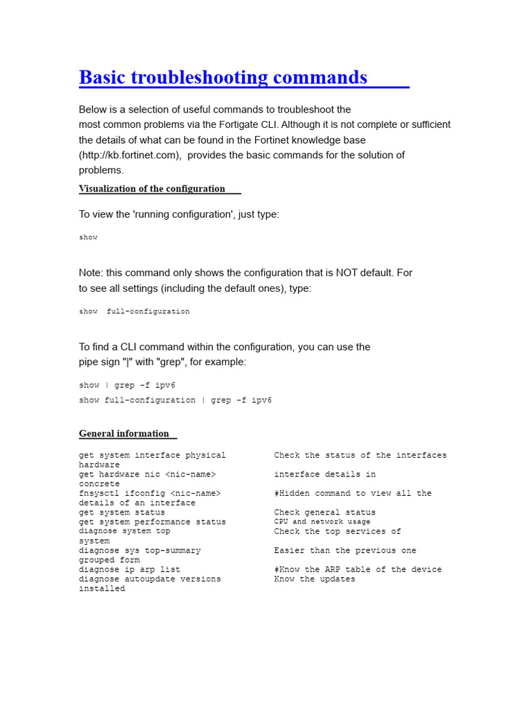 Basic Troubleshooting Commands For FORTIGATE | PDF | Router (Computing) | Network Protocols