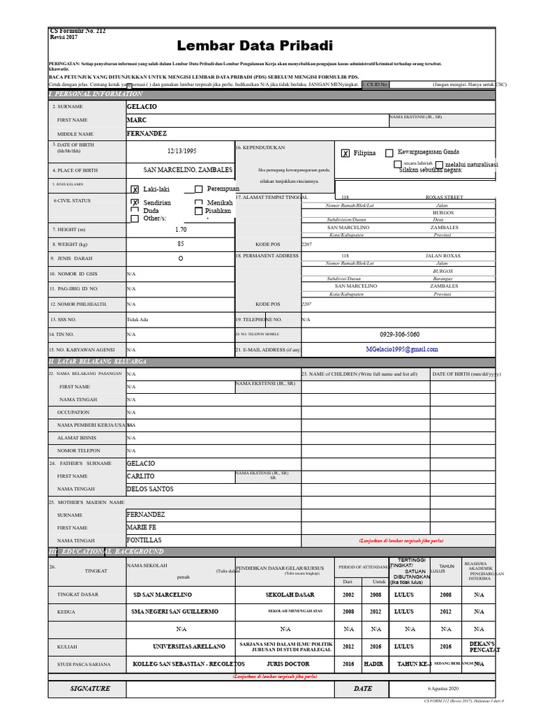 Formulir CS No. 212 Lembar Data Pribadi Revisi | PDF