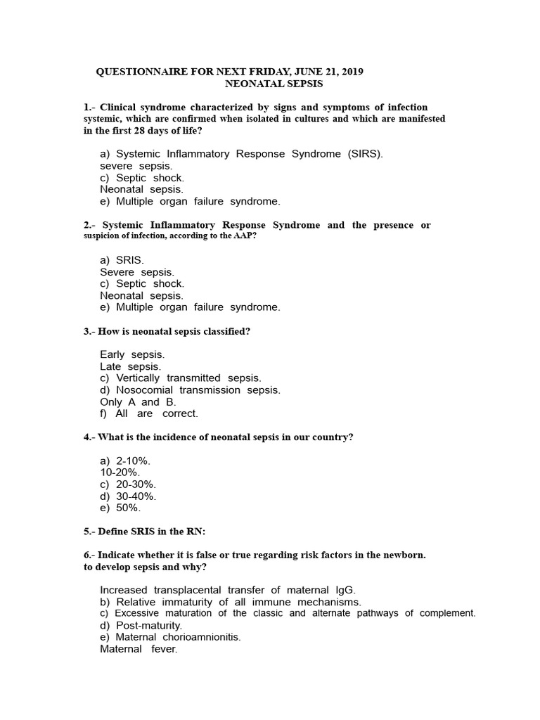 Neonatal Sepsis Questionnaire Guide | PDF | Sepsis | Preterm Birth