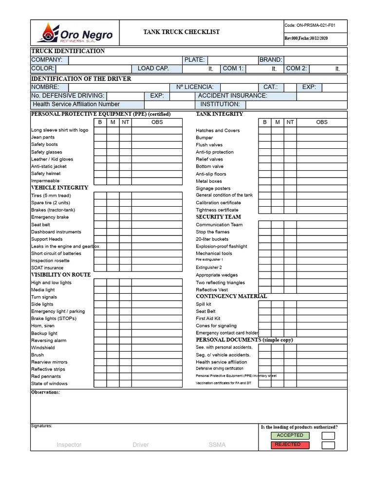 Checklist for Tank Trucks | PDF | Vehicles | Motor Vehicle