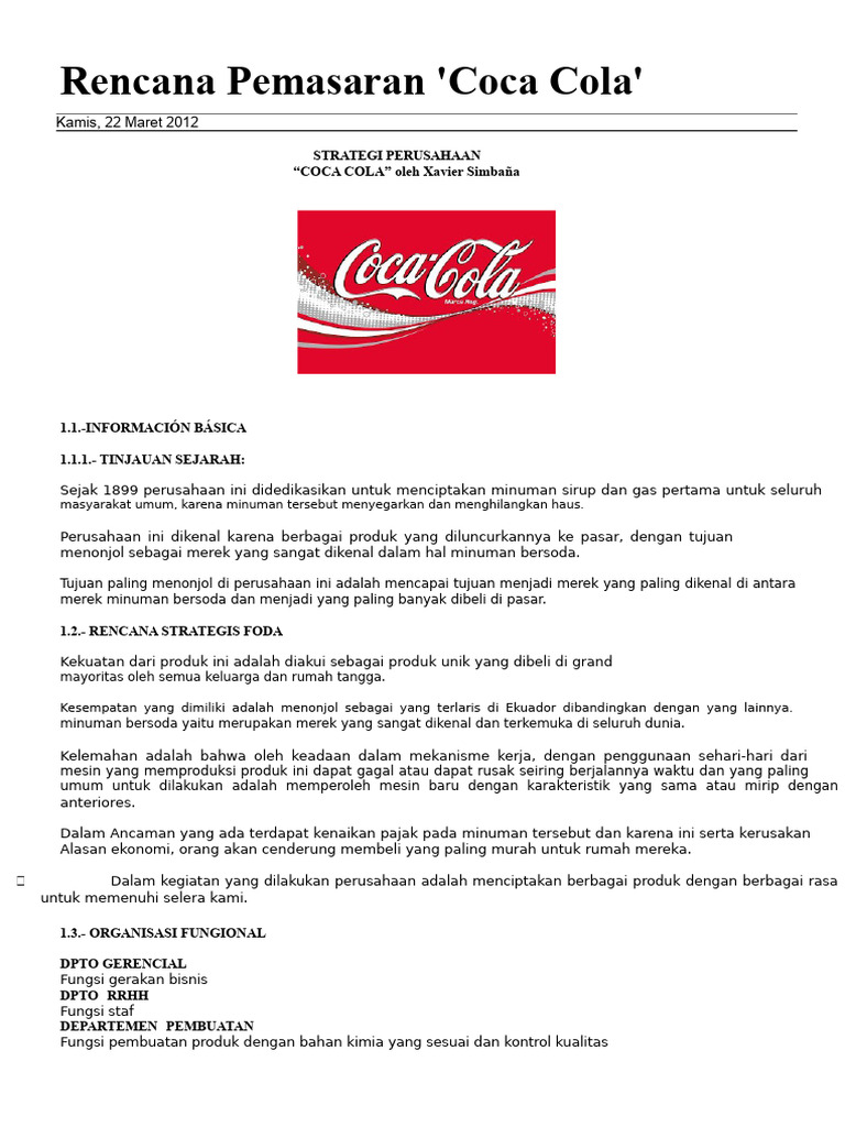 Rencana Pemasaran Coca Cola 2023 | PDF