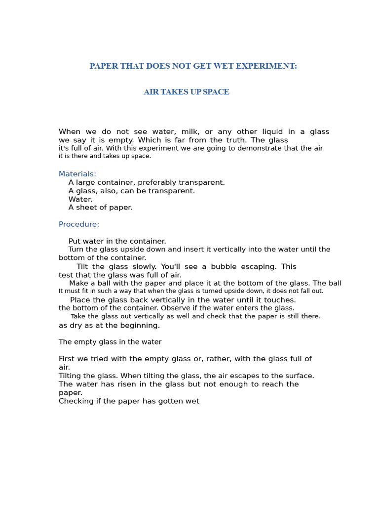 Experiment of The Paper That Does Not Get Wet | PDF