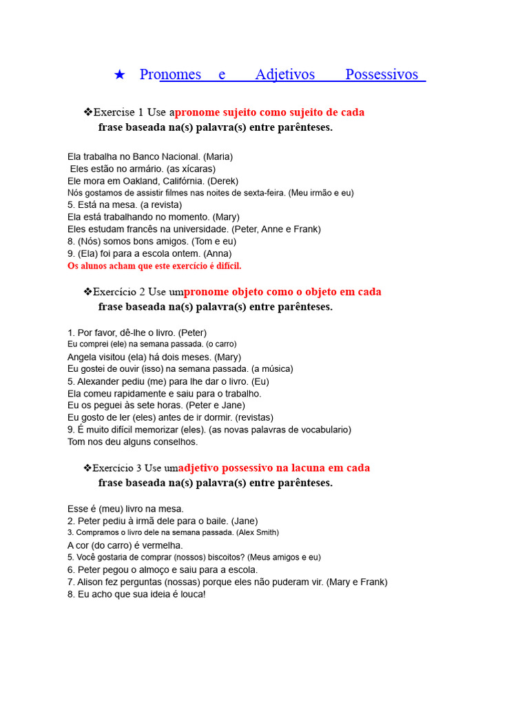 Pronomes e Adjetivos Possessivos | PDF