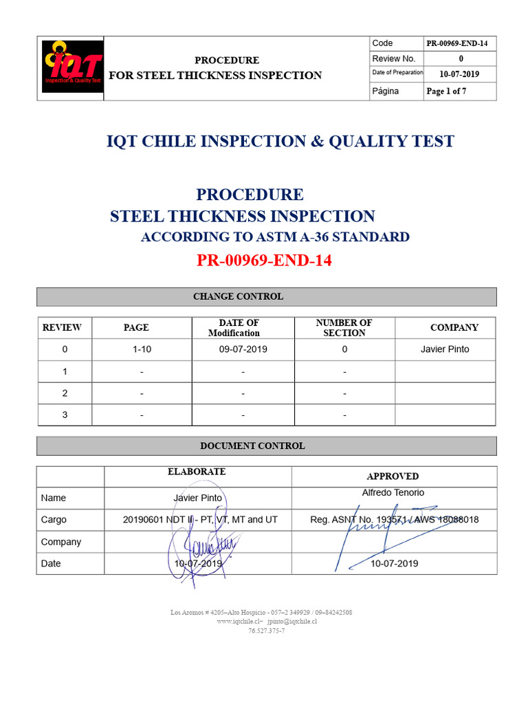 Steel Thickness Inspection Procedure | PDF | Nondestructive Testing ...