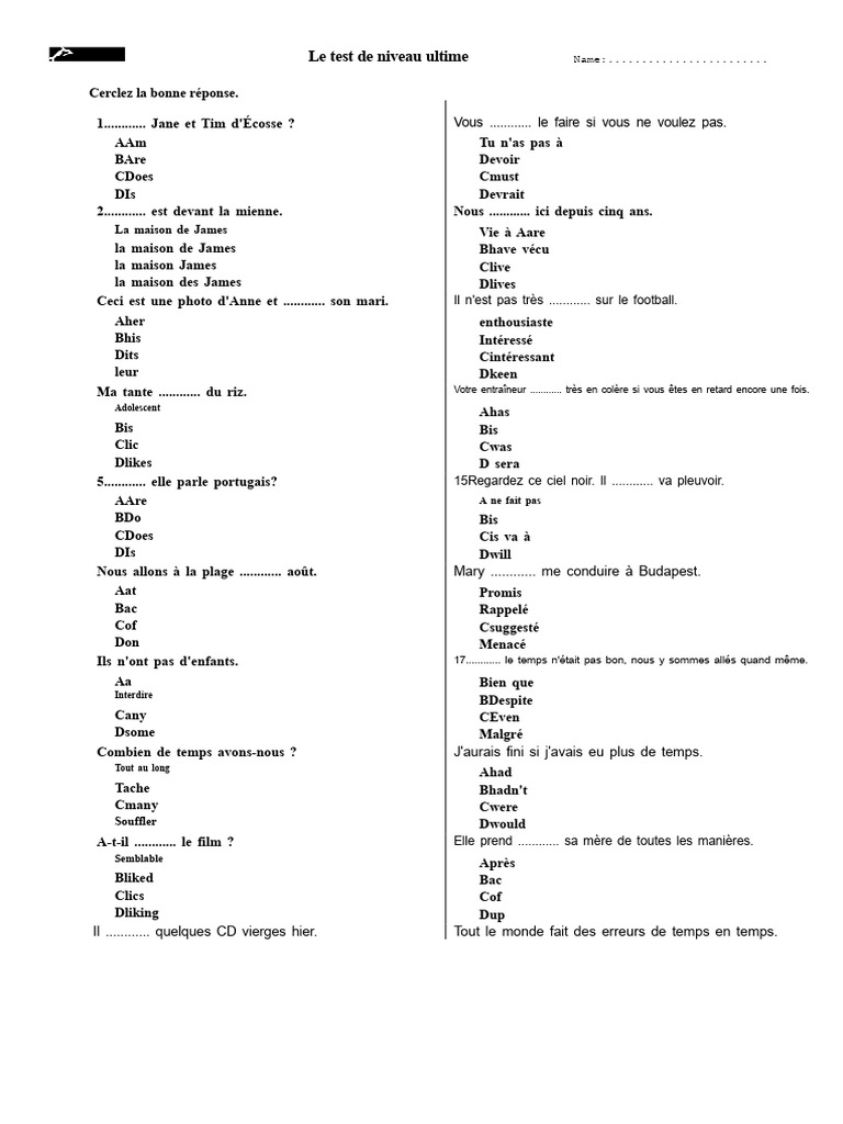 Test de Niveau Ultime en Anglais | PDF | Syntaxe | Grammaire