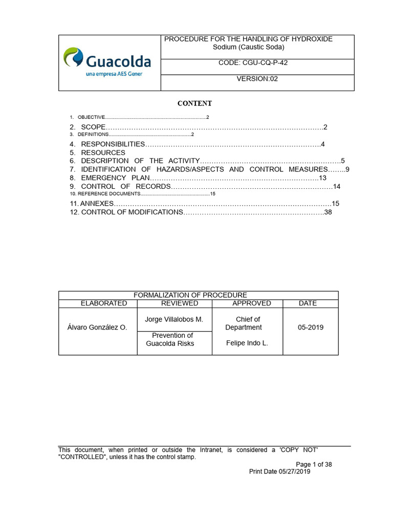 CQ-P-42 Procedure For Handling Sodium Hydroxide (Caustic Soda) | PDF ...
