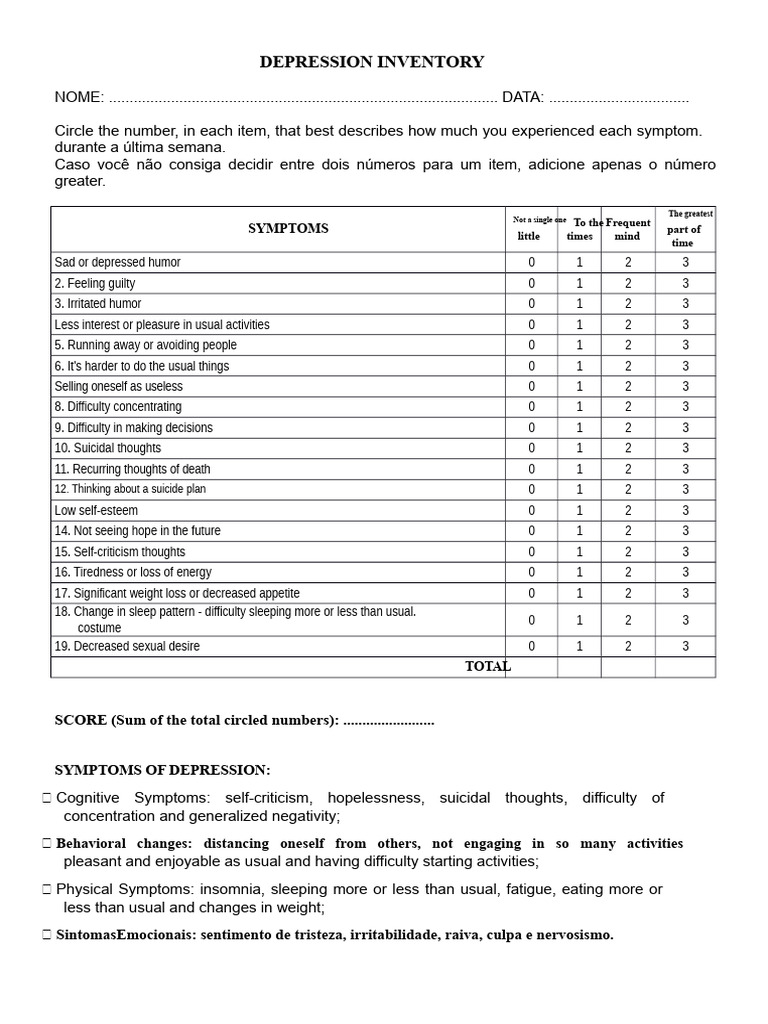 Depression Inventory | PDF | Major Depressive Disorder | Insomnia