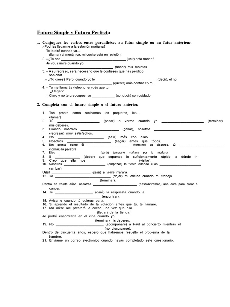 Ejercicios de Futuro Simple y Perfecto | PDF