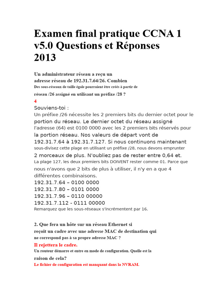 Examen CCNA 1 v5.0 : Questions et Réponses | PDF | Adresse IP | I Pv6