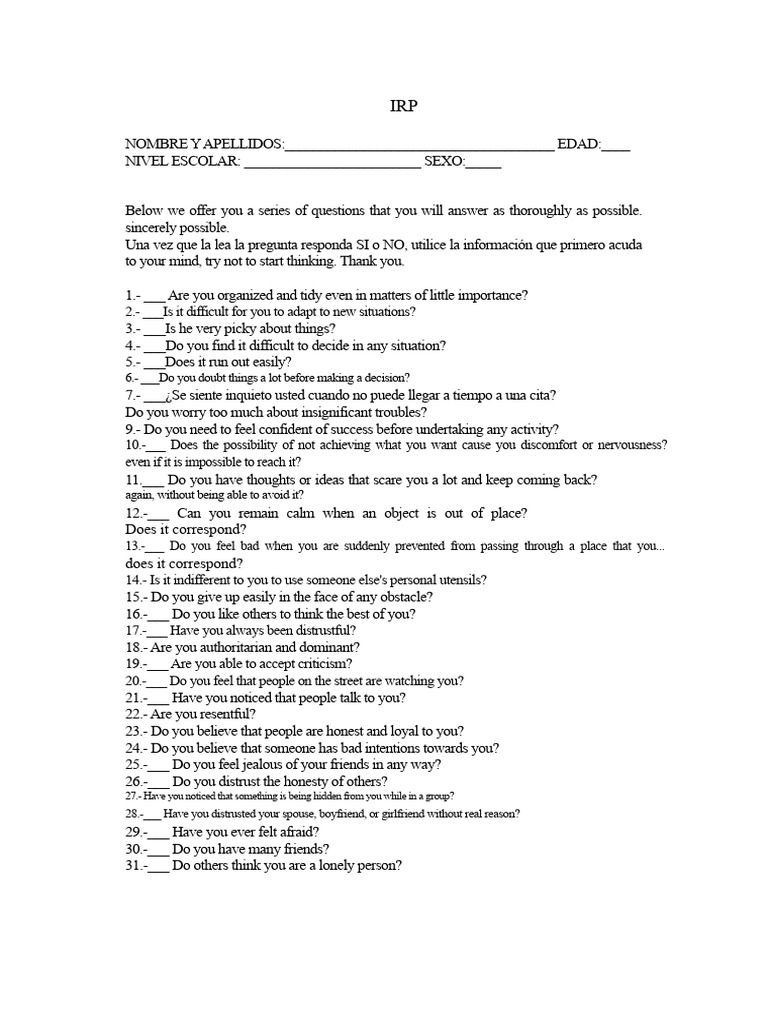 Personality Traits Assessment Questionnaire | PDF | Psychological ...