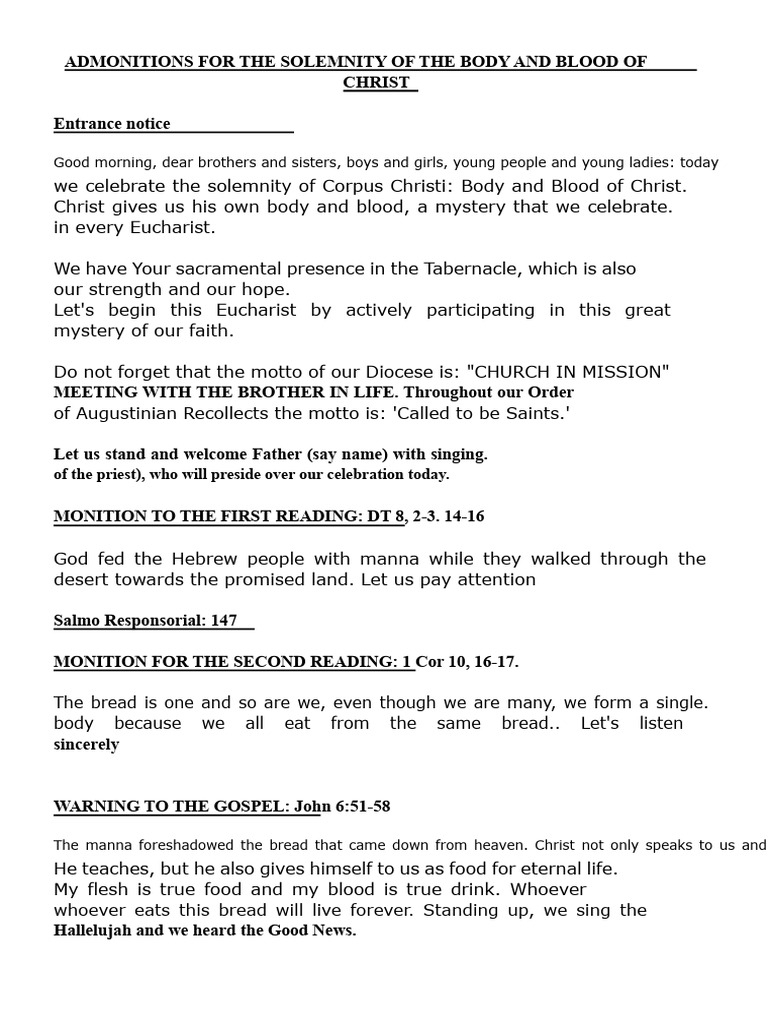 Exhortations For The Solemnity of The Body and Blood of Christ | PDF ...
