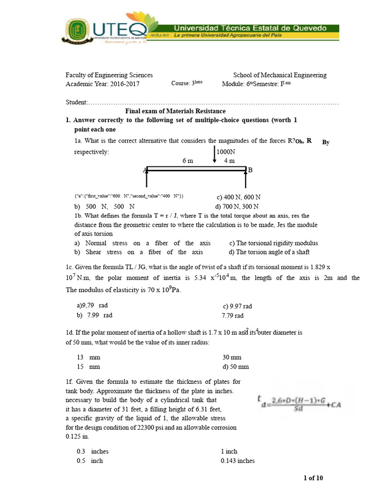 Final Exam: Materials Resistance 2017 | PDF | Bending | Stress (Mechanics)