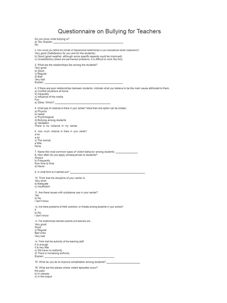 Bullying Questionnaire for Educators | PDF