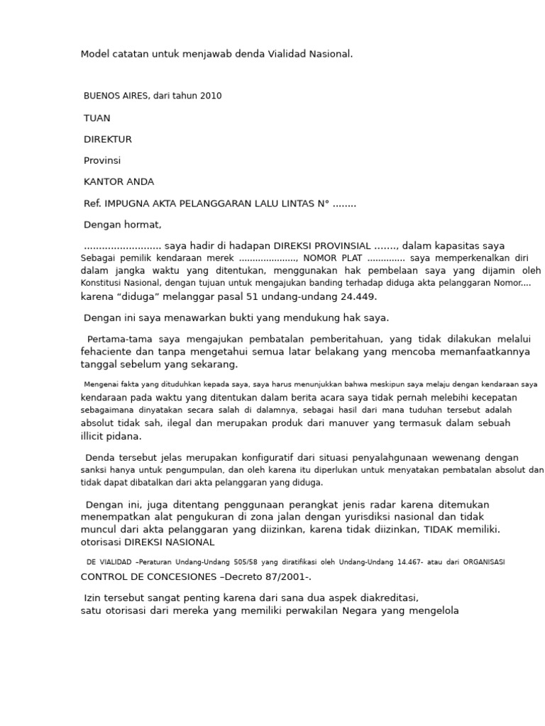 Model Pembelaan Denda Lalu Lintas | PDF