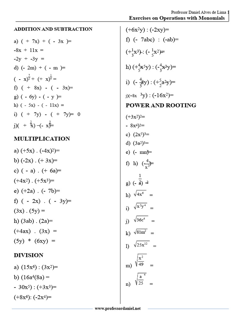 Monomial Operations Exercises | PDF