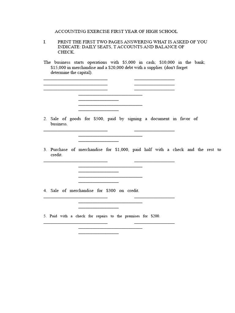 Accounting Exercise First Year of High School | PDF