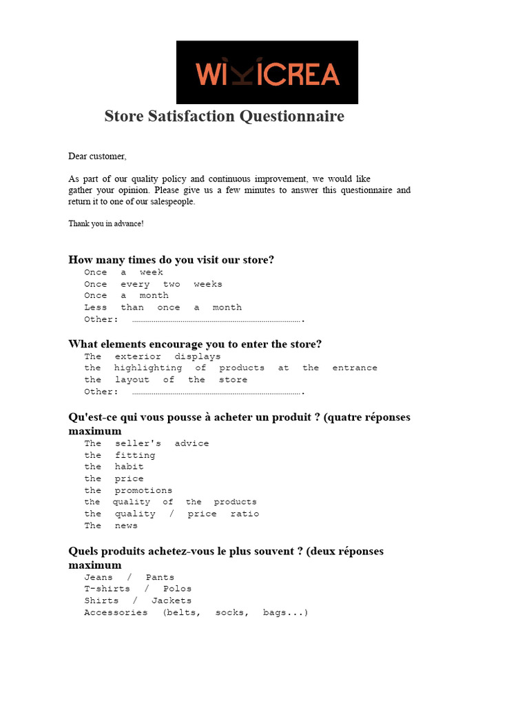 Sample Satisfaction Questionnaire - SHOP | PDF