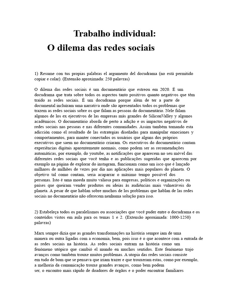 O Dilema das Redes Sociais: Impactos e Desafios | PDF | Sociedade ...