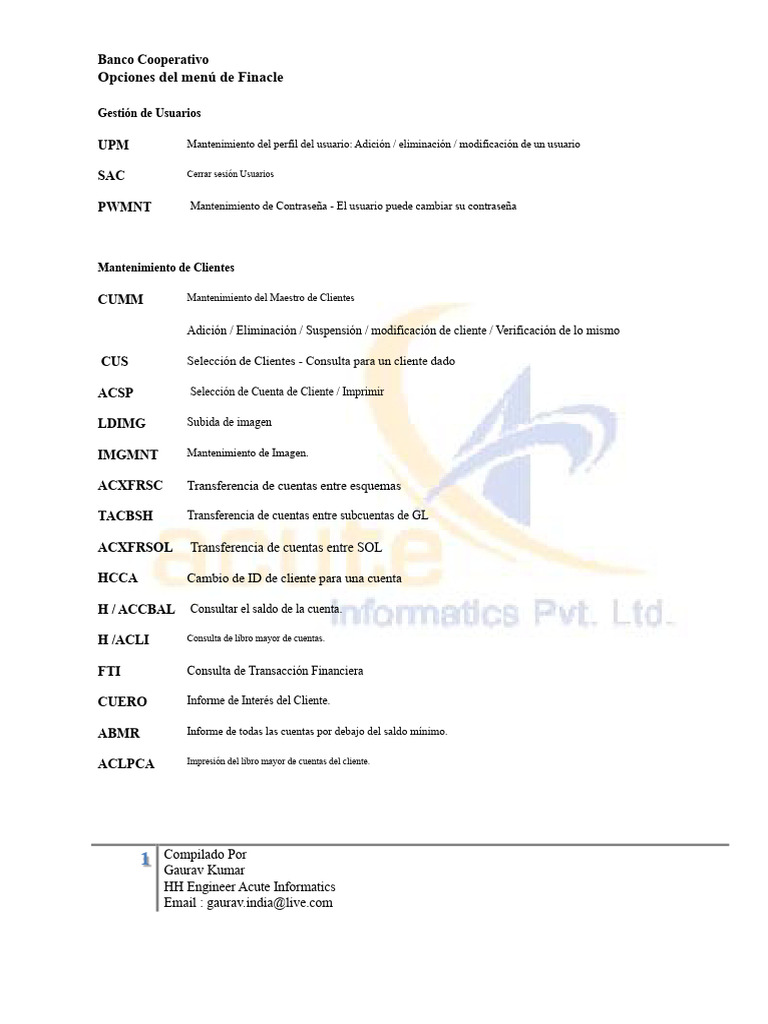 Opciones Del Menú de Finacle | PDF | Transferencia bancaria | Bancos
