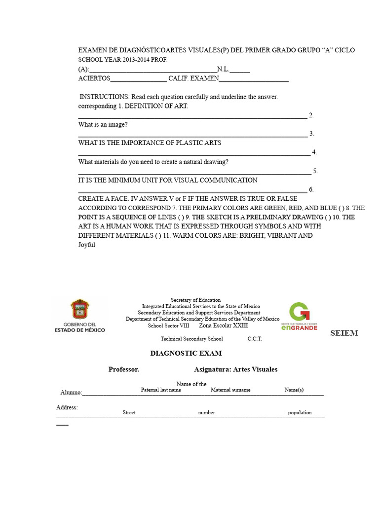 Examen Diagnóstico Artes Visuales 1° Grado | PDF