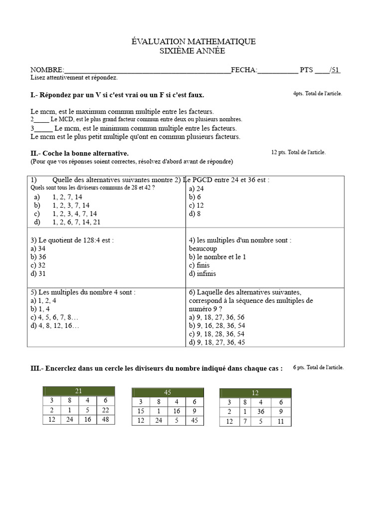 6ème Test Des Multiples Et Diviseurs | PDF | Mathématiques
